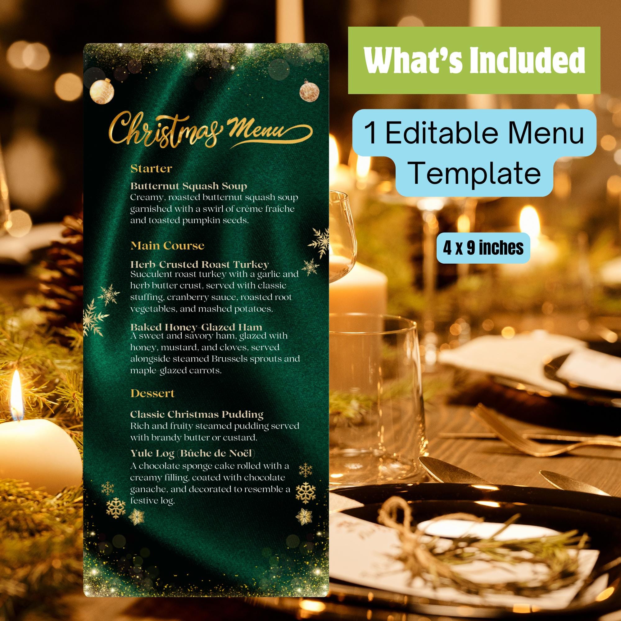 Editable Elegant Green and Gold Christmas Party 4X9 Menu Template ...