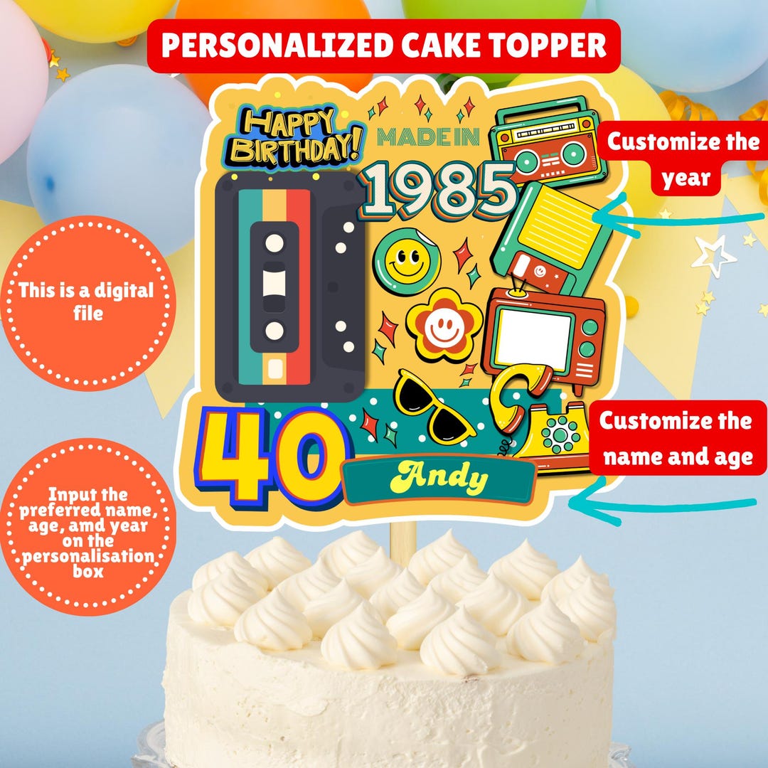 Personalized 40th Birthday Cake Topper, Custom Cassette Cake Topper ...