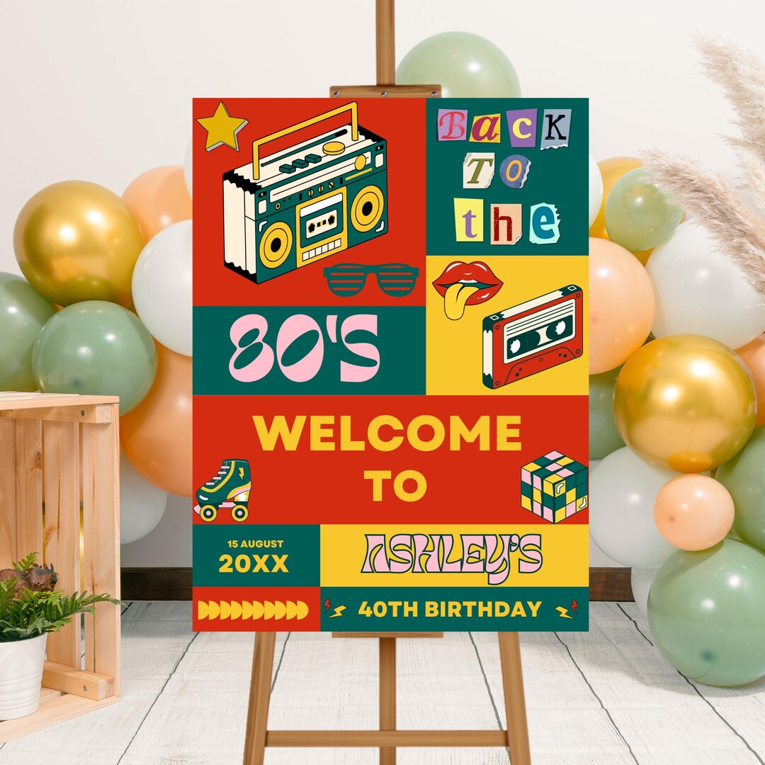 Editable Retro Back to the 80's Birthday Party Welcome Sign Template ...