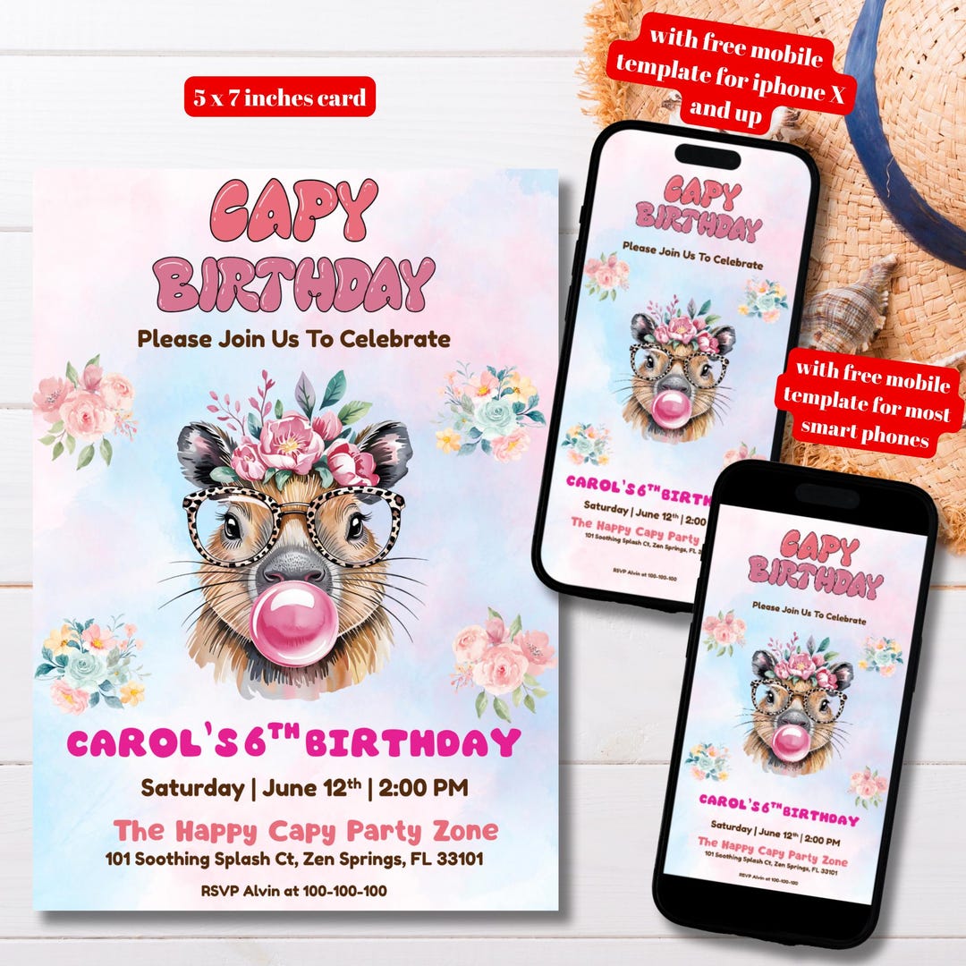 Editable Capy Birthday Invitation Template, Printable Capybara Blowing ...