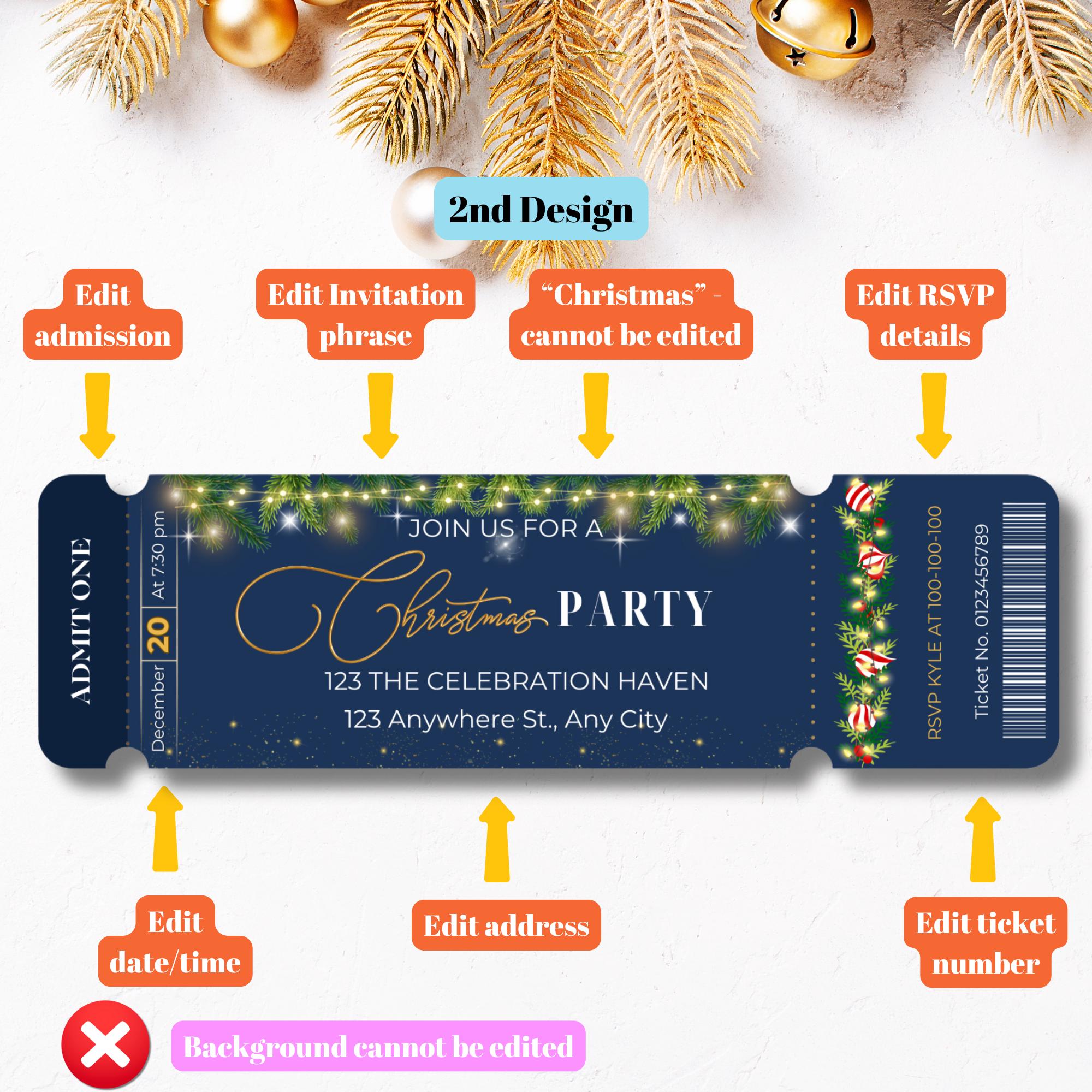 Editable Blue and Gold Christmas Party Ticket Invitation Template, Blue ...