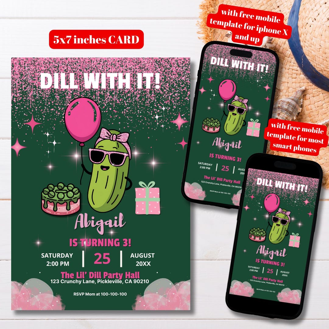 Editable Glitter Pink Pickle Birthday Invitation Template, Printable ...