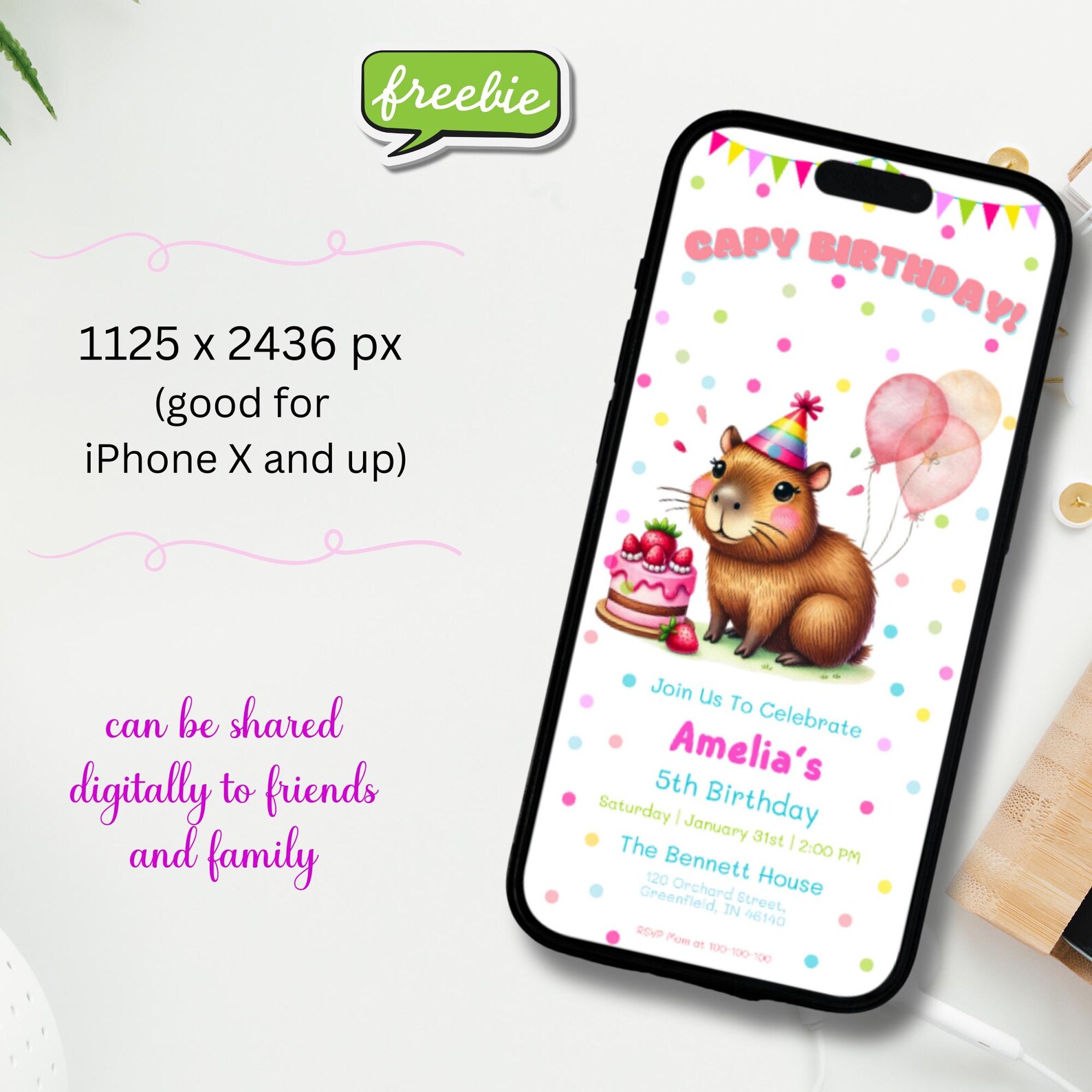 Editable Capybara Birthday Party Invitation Template, Printable Pink ...