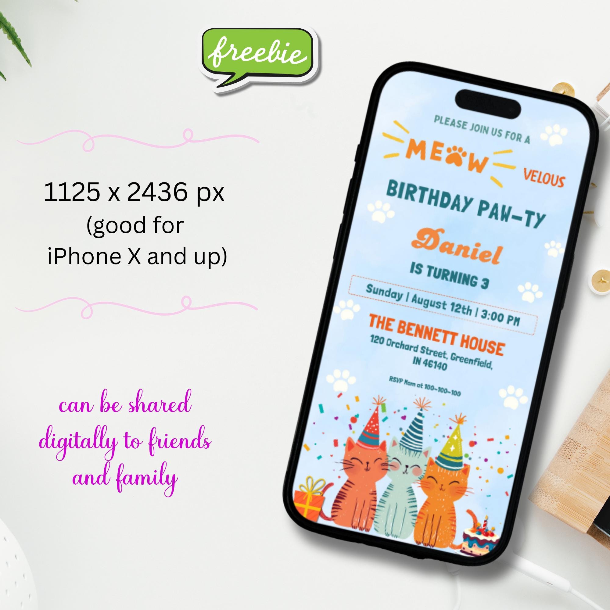 Editable Cats Birthday Invitation Template, Printable Cute Cats Bday ...