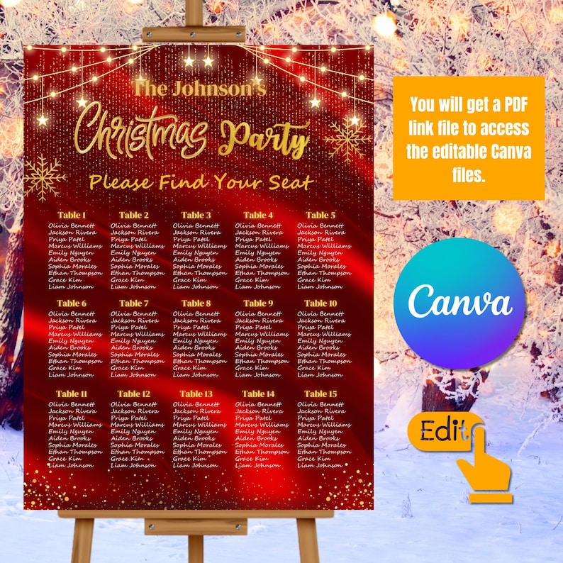 Editable Red and Gold Christmas Party Seating Chart Template, Elegant ...