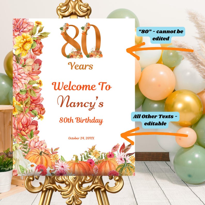 Editable Fall 80th Birthday Welcome Sign Template, Printable 80th ...