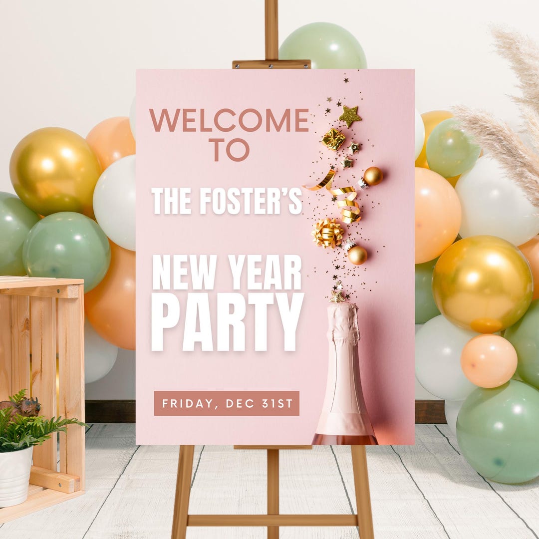 Editable Pink New Year Party Welcome Sign Template, Printable Pink ...
