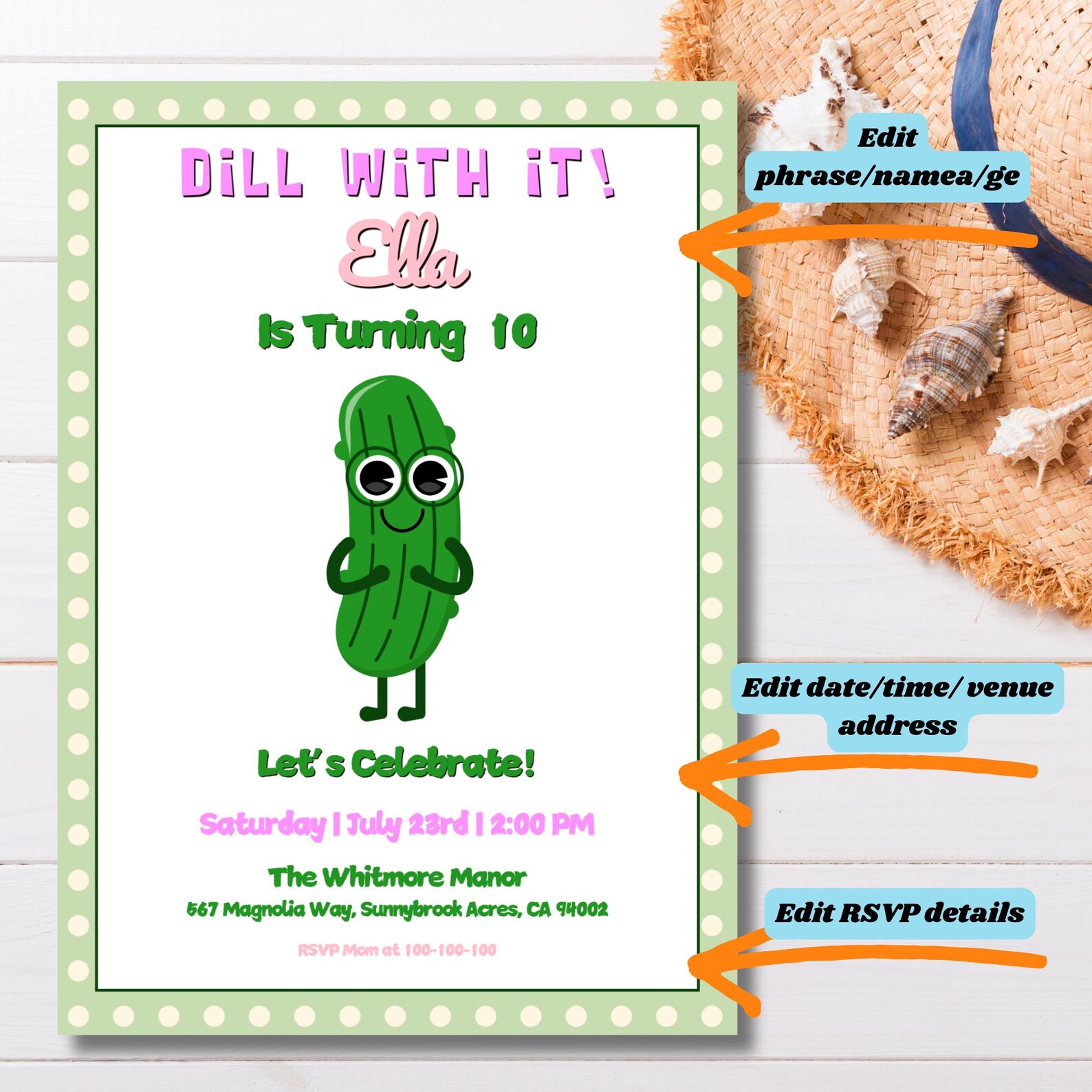 Editable Dill With It Pickle Birthday Party Invitation Template ...