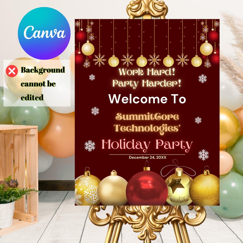 Editable Deep Red and Gold Corporate Christmas Party Welcome Sign ...