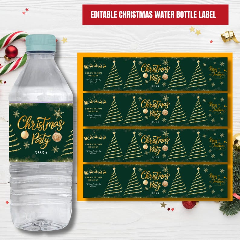 Editable Christmas Water Bottle Label Template, Elegant Emerald Green ...