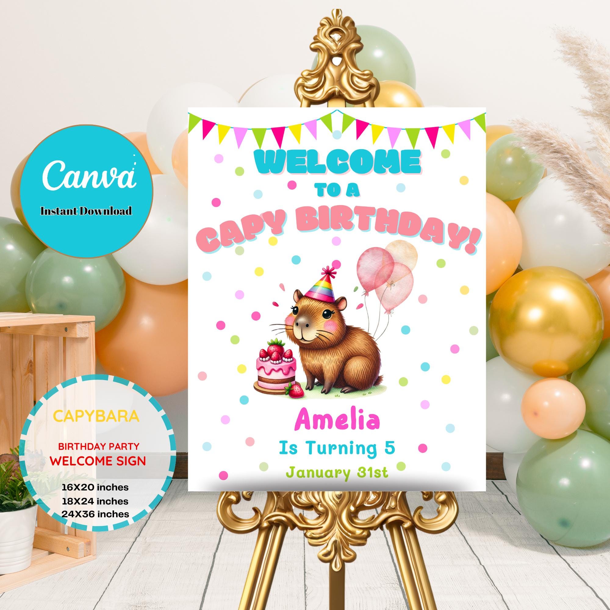 Editable Capy Birthday Capybara Party Welcome Sign Template, Printable ...