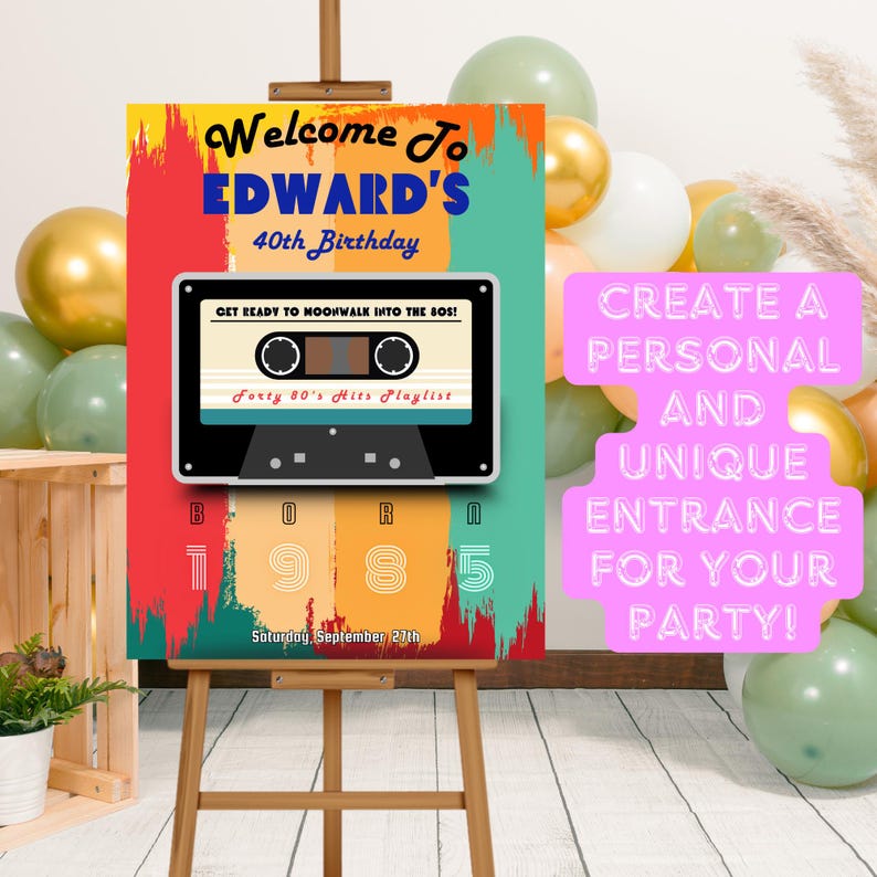 Editable Birthday 80s Party Welcome Sign Template, Printable Cassette ...