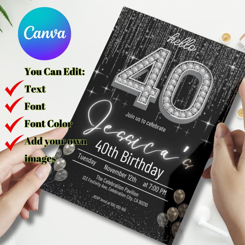 40th Birthday Invitation Template Diamonds Glitter, 40th Birthday Party ...
