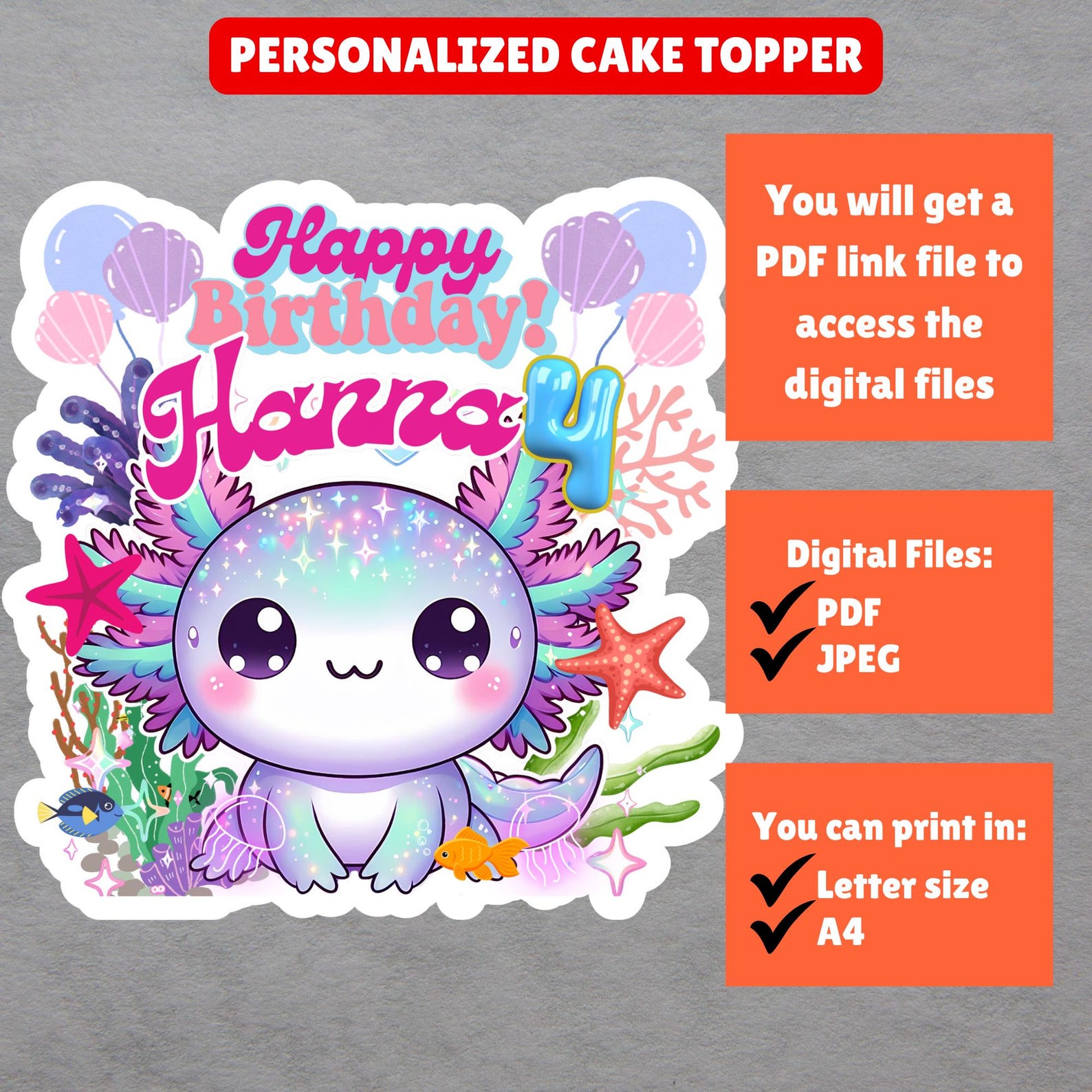 Customizable Axolotl Birthday Cake Topper, Personalized Axolotl ...