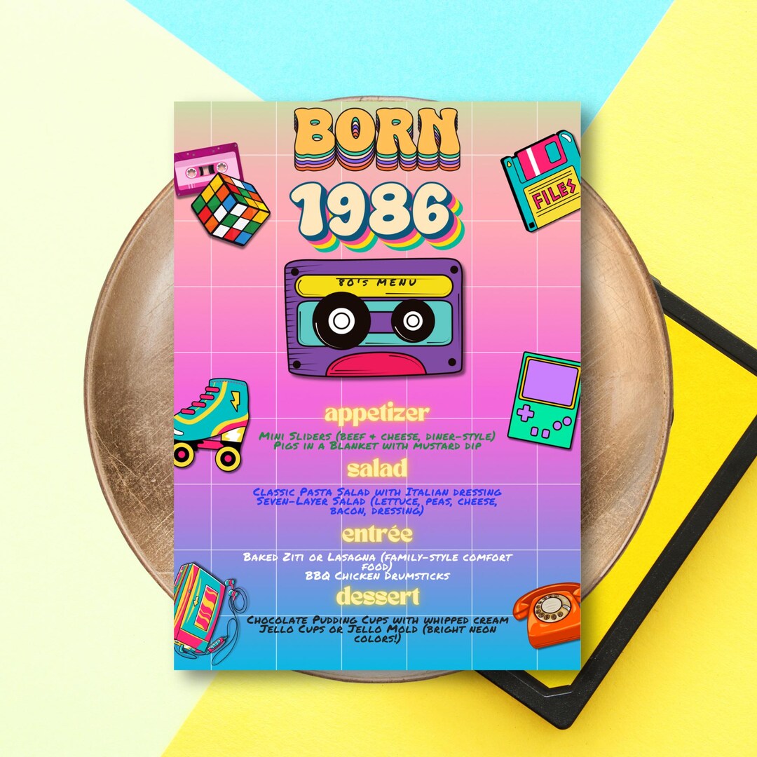 Editable 1980s Birthday Menu Template, Born 1986 Milestone Retro ...