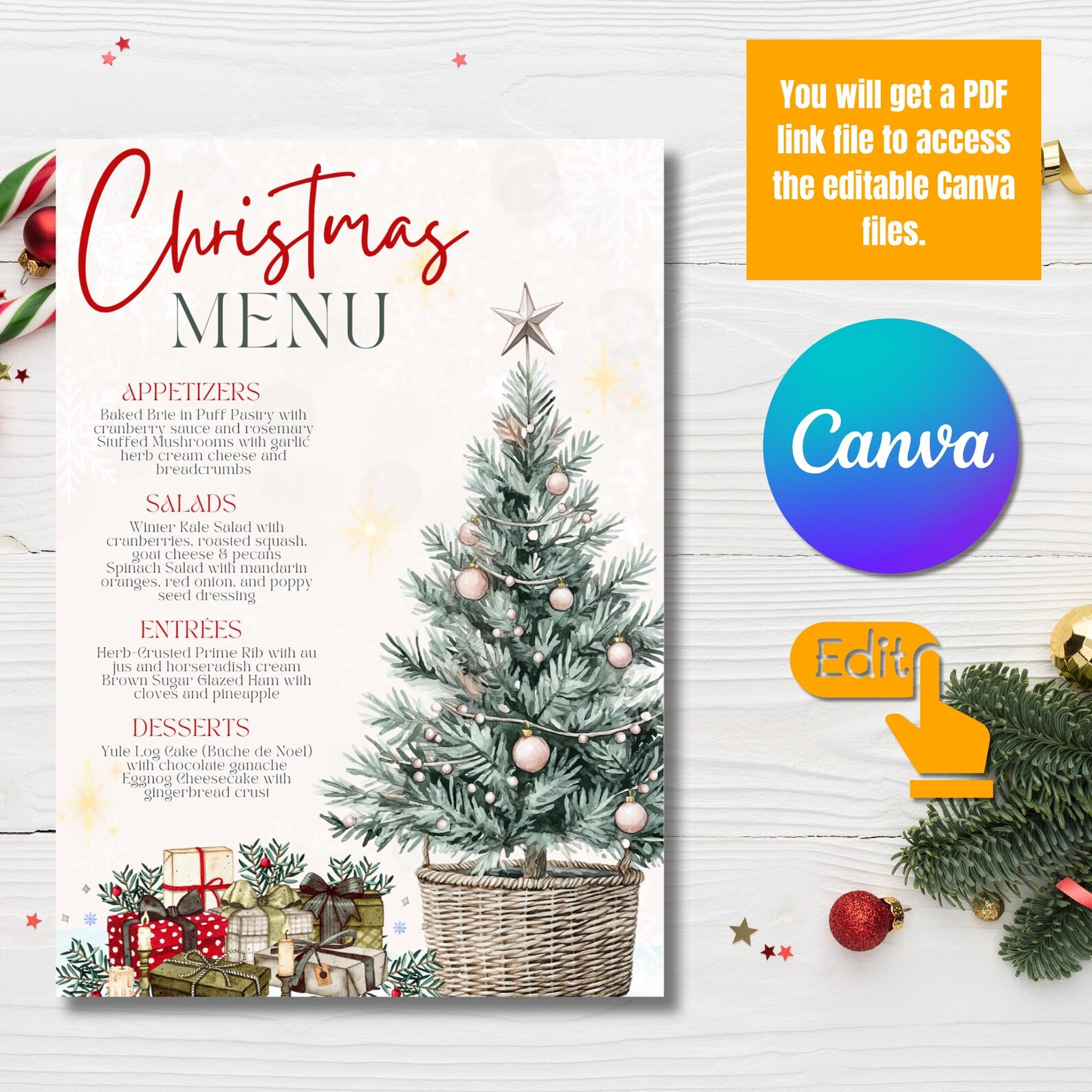 Editable Christmas Tree in a Basket Christmas Party Menu Template ...