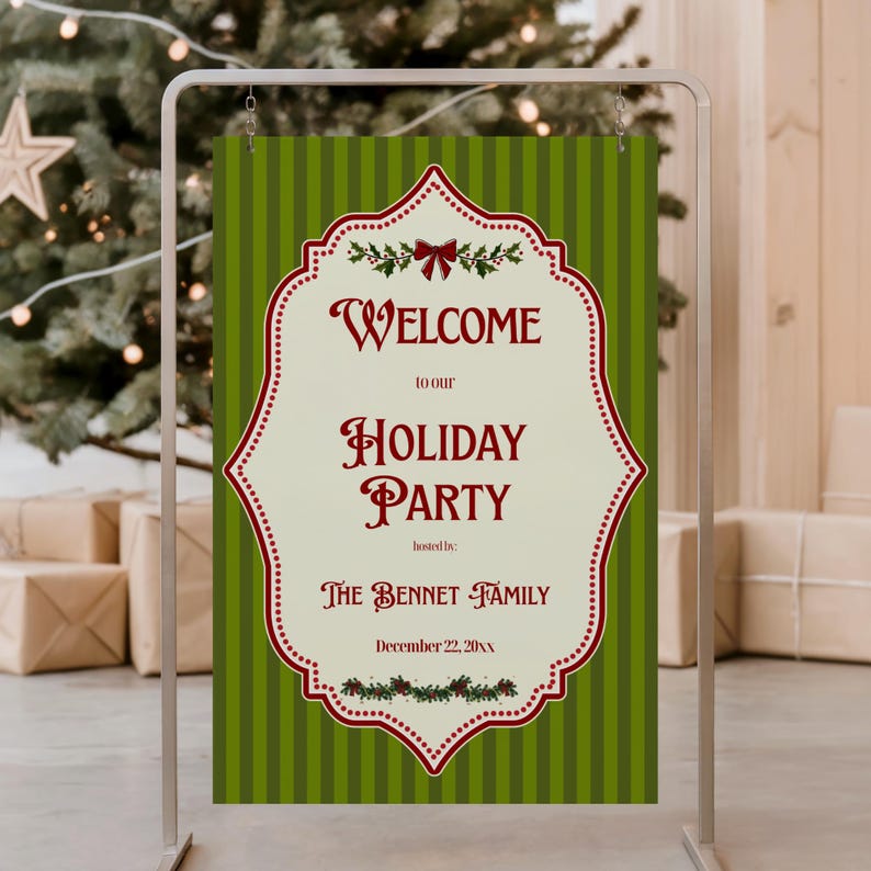 Editable Vintage Green Red Ornate Frame Christmas Party Welcome Sign ...
