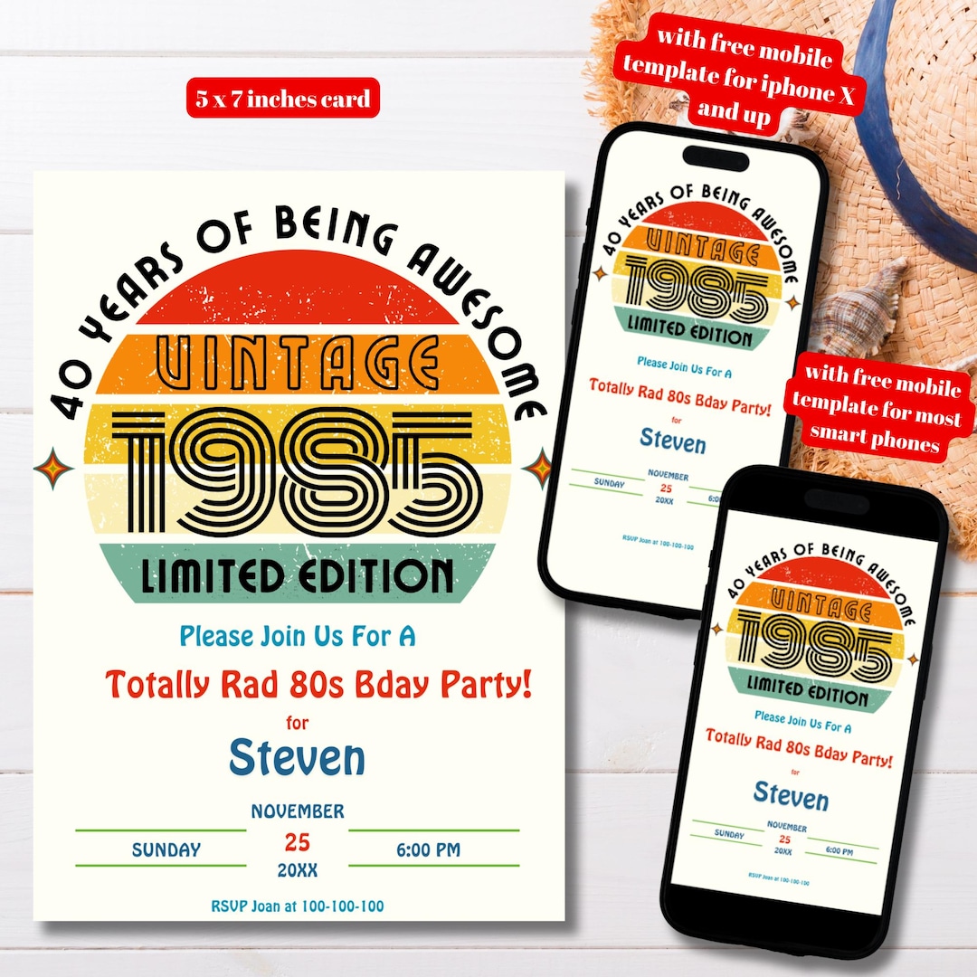 Born in 1985 40th Birthday Party Invitation Template, Vintage 1985 ...