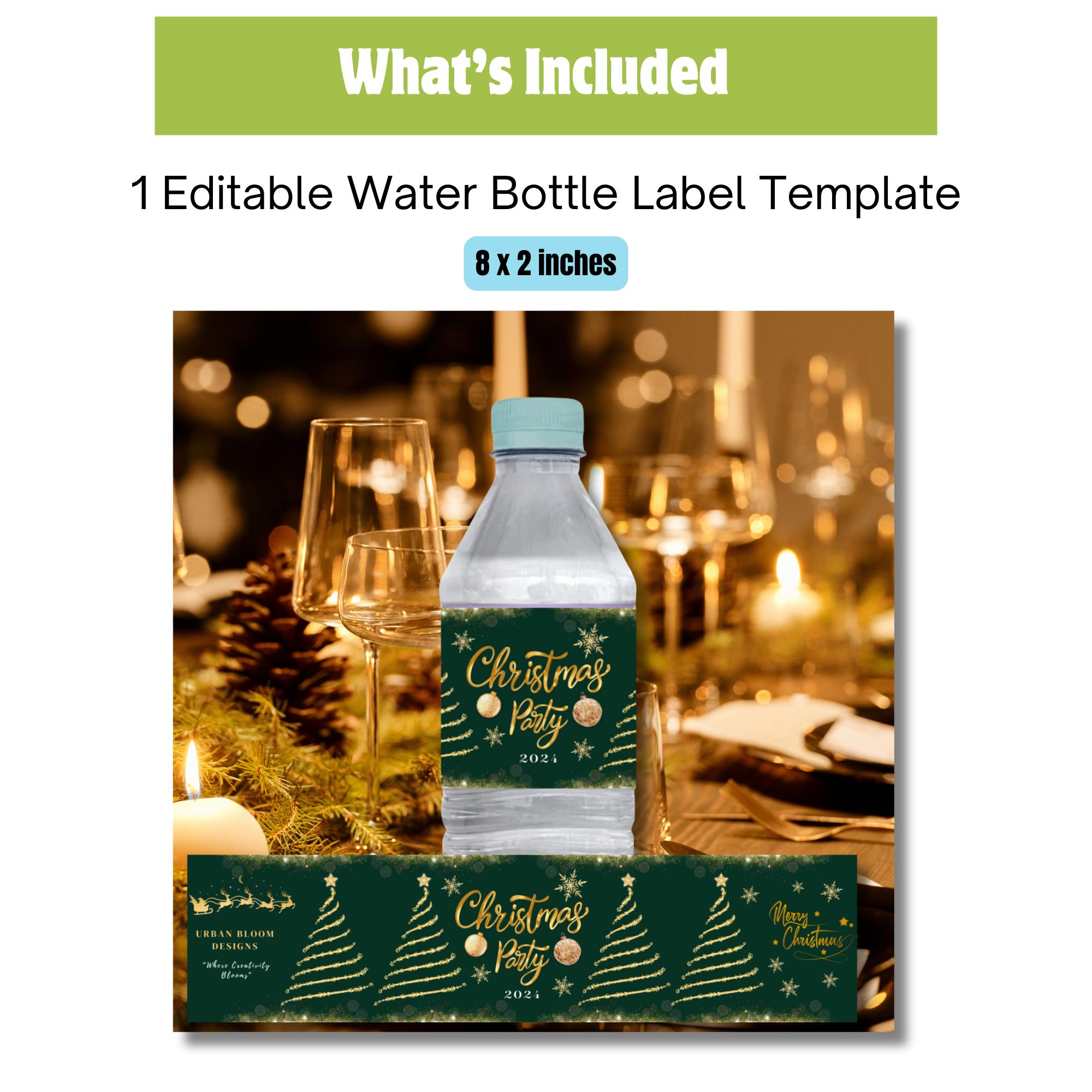 Editable Christmas Water Bottle Label Template, Elegant Emerald Green ...
