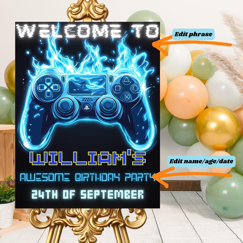 Editable Video Game Birthday Party Welcome Sign Template, Blue Video ...