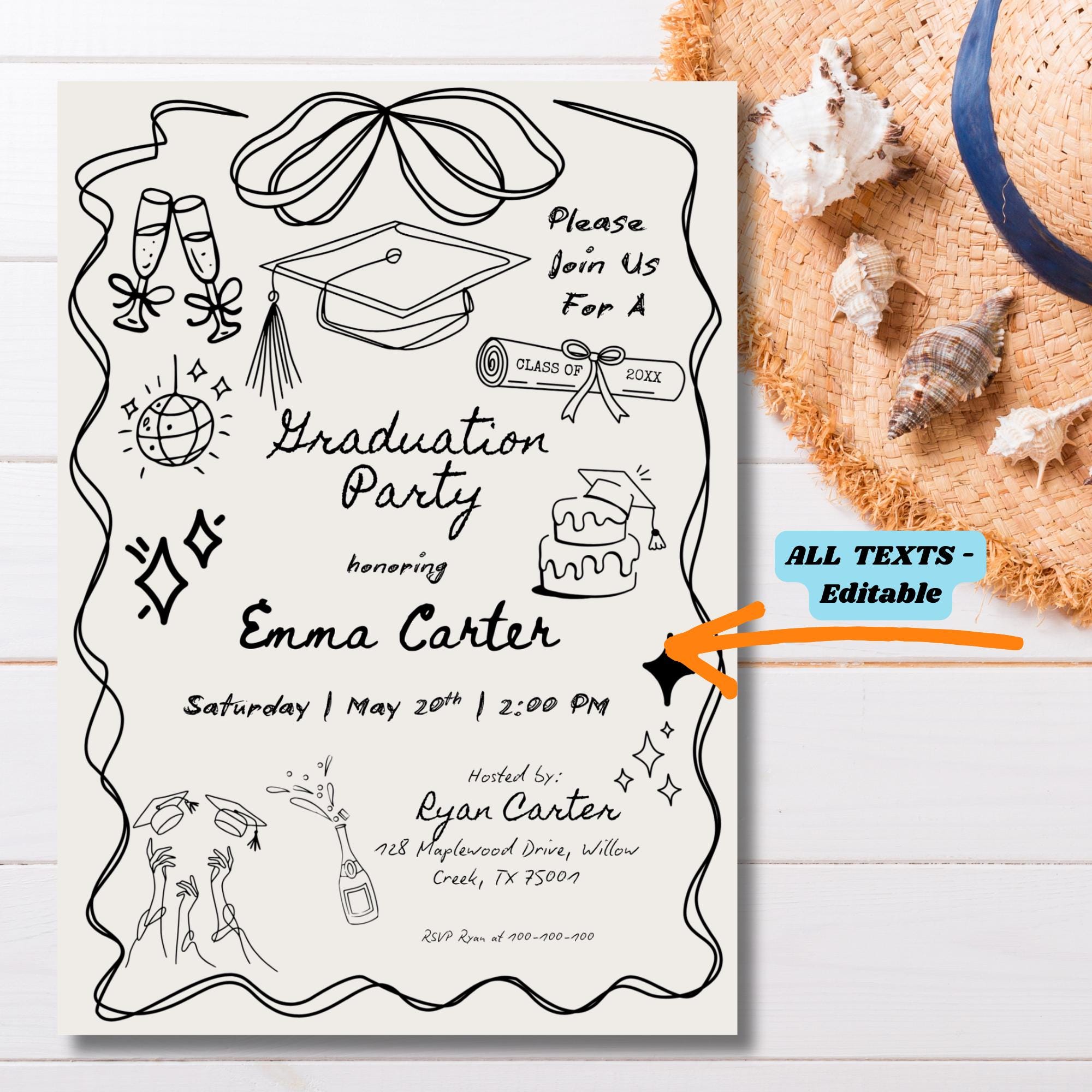 Editable Doodle Style Graduation Invitation Template, Printable Hand ...
