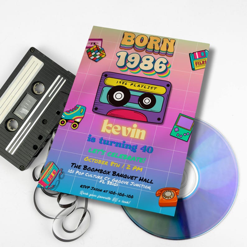 Editable Retro 1980s Birthday Invitation Template, Printable Born 1986 ...
