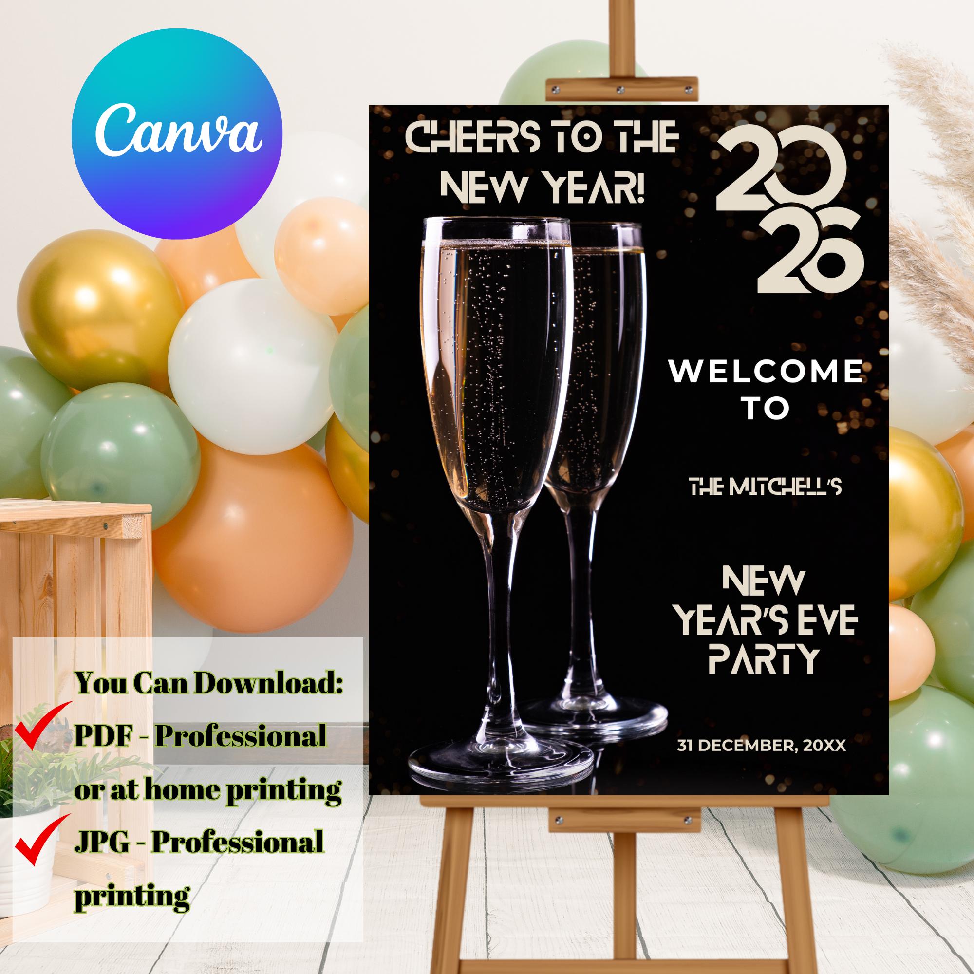 Editable Champagne New Year Party Welcome Sign Template, Printable NYE ...