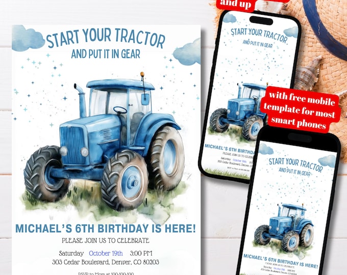 Blue Tractor Birthday Invite | Farm Party Invitation Template ...