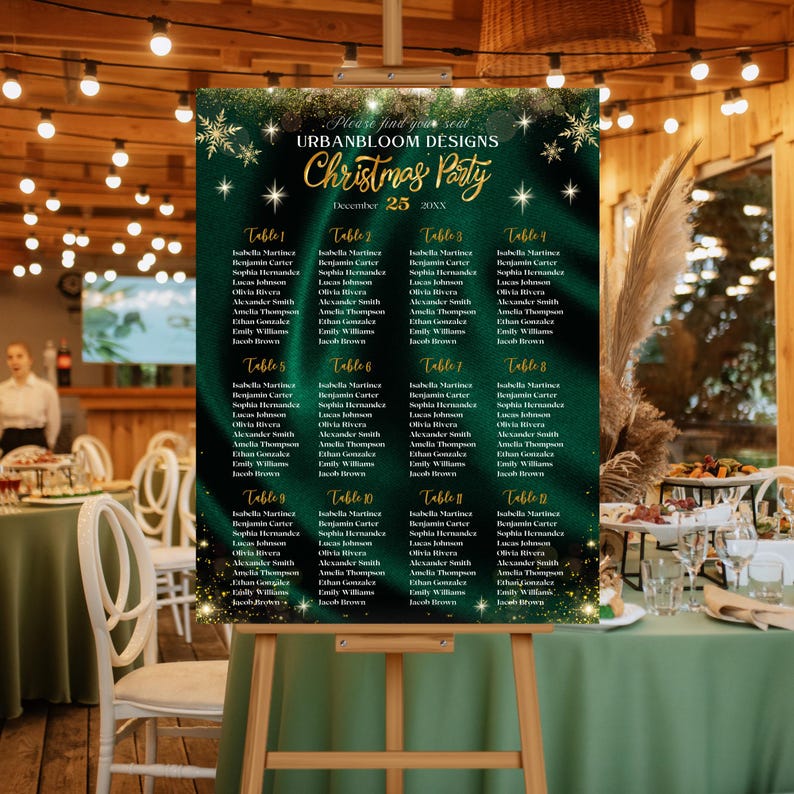 Editable Emerald Green and Gold Christmas Party Seating Chart Sign ...