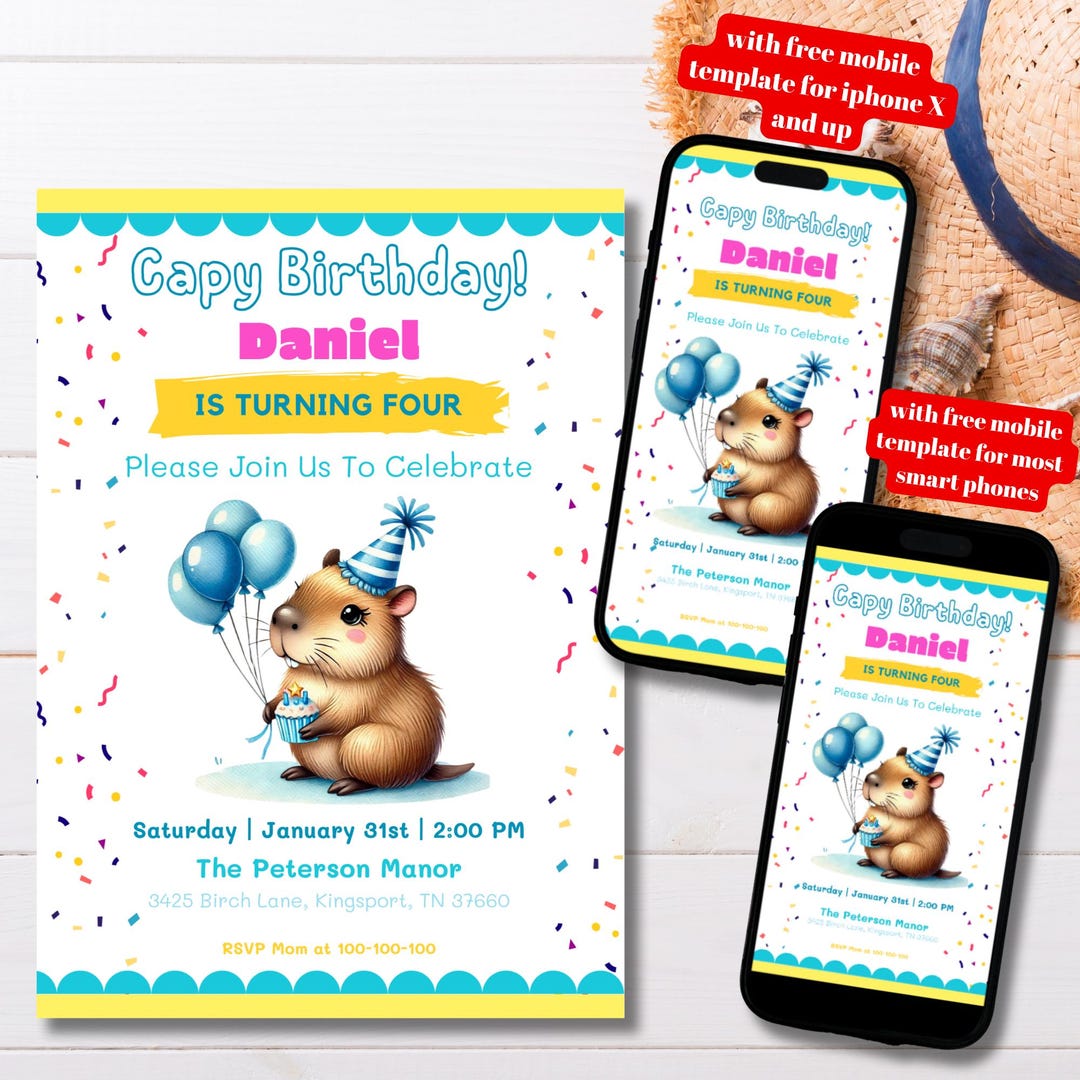 Editable Capy Birthday Capybara Party Invitation Template, Printable ...