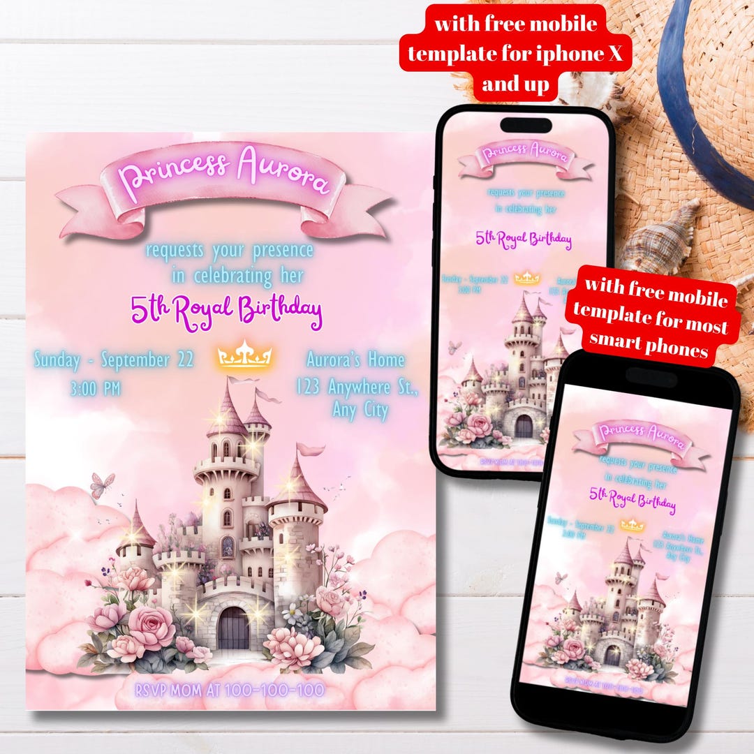Editable Pink Princess Birthday Invitation Template, Printable Castle ...
