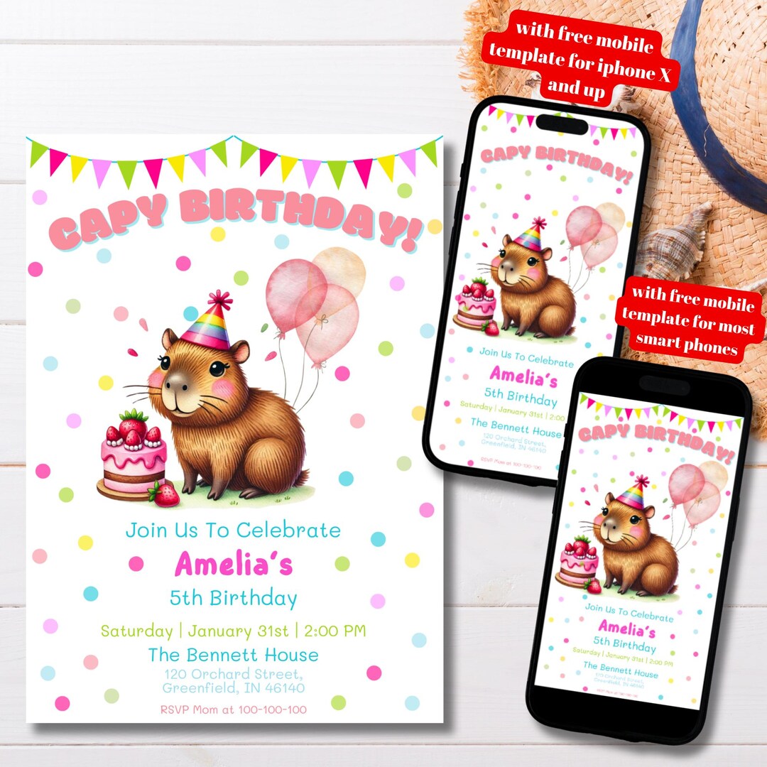 Editable Capybara Birthday Party Invitation Template, Printable Pink ...