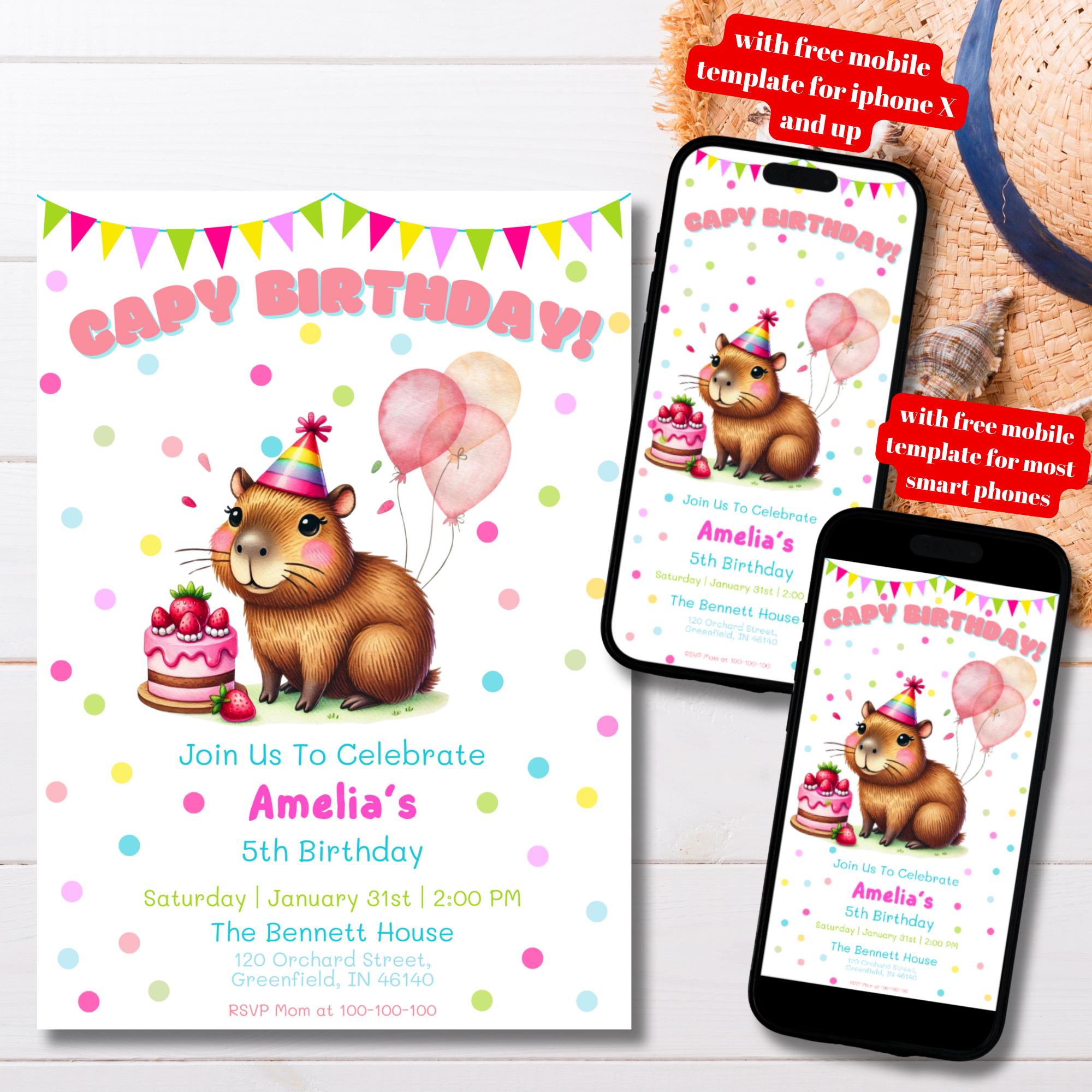 Editable Capybara Birthday Party Invitation Template, Printable Pink ...