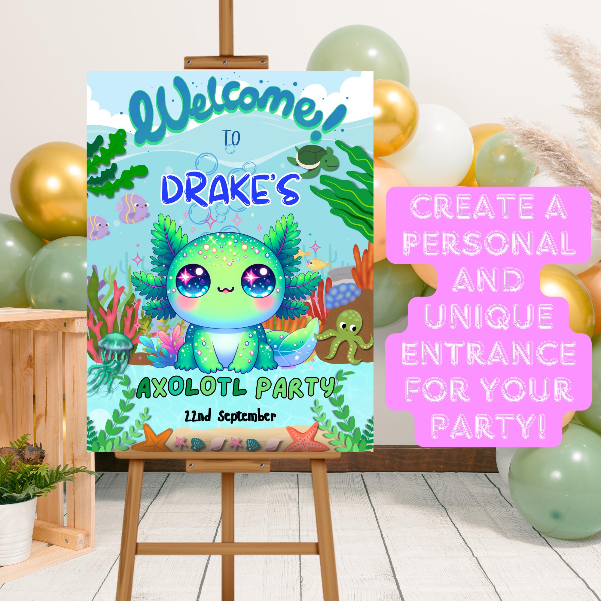 Editable Green Axolotl Birthday Party Welcome Sign Template, Printable ...
