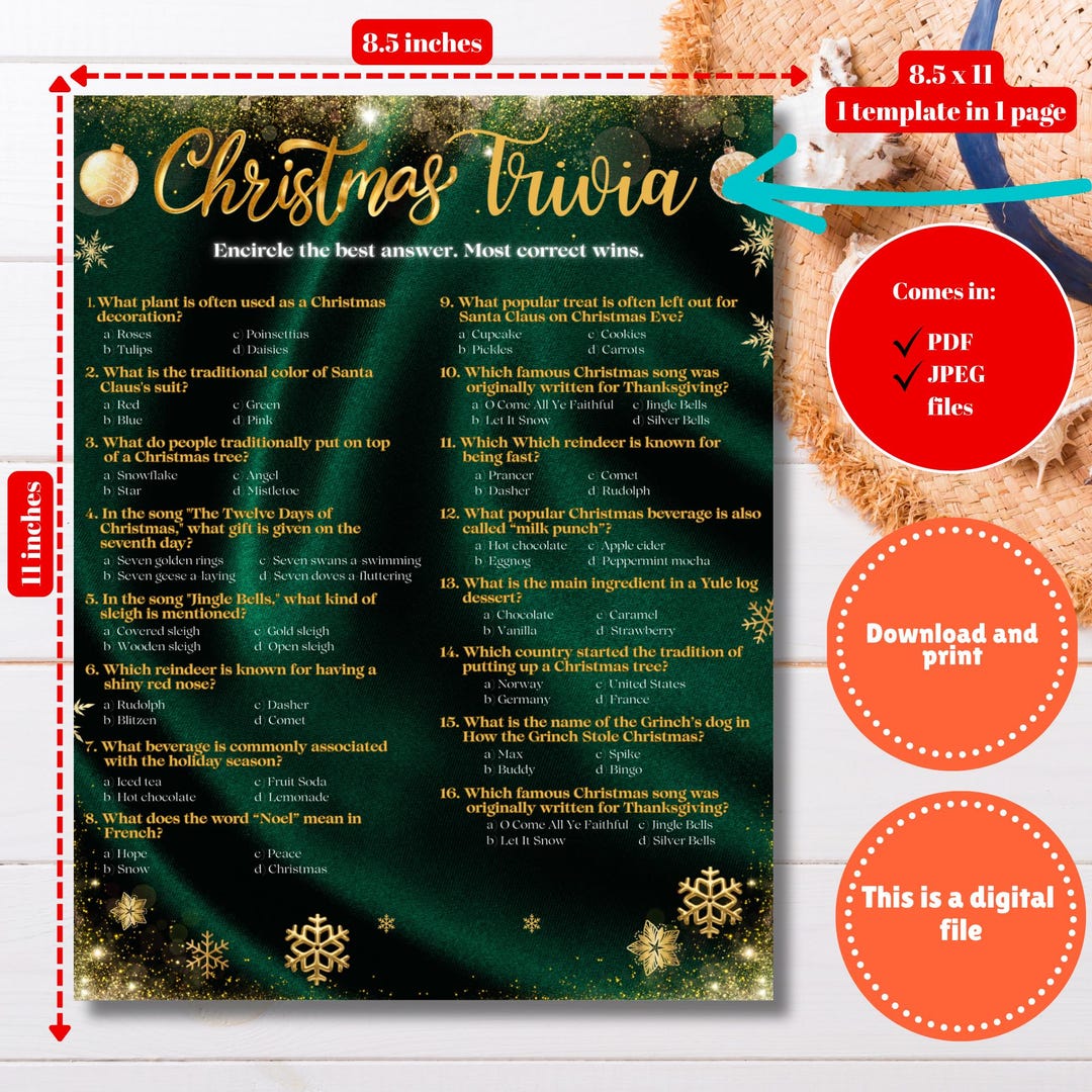 Printable Emerald Green and Gold Christmas Trivia Game, Printable ...