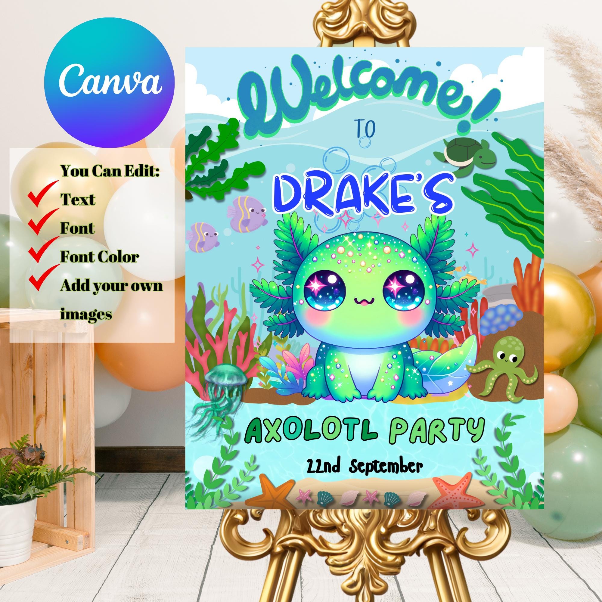 Editable Green Axolotl Birthday Party Welcome Sign Template, Printable ...