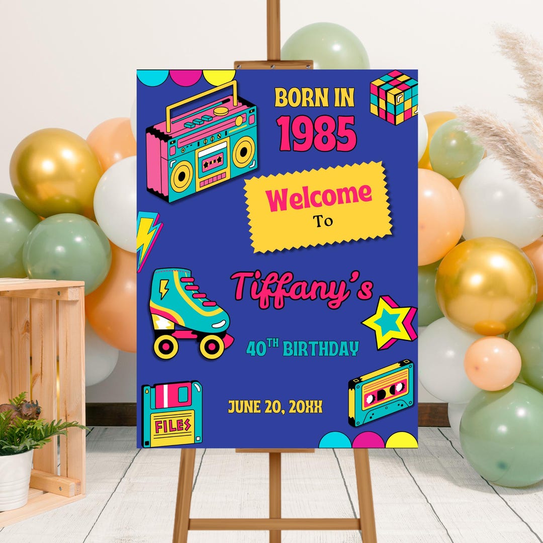Editable Retro Born in 1985 80s Theme Birthday Party Welcome Sign ...