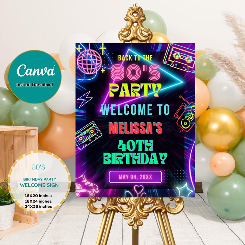 Editable Neon Glow Back to the 80s Birthday Party Welcome Sign Template ...