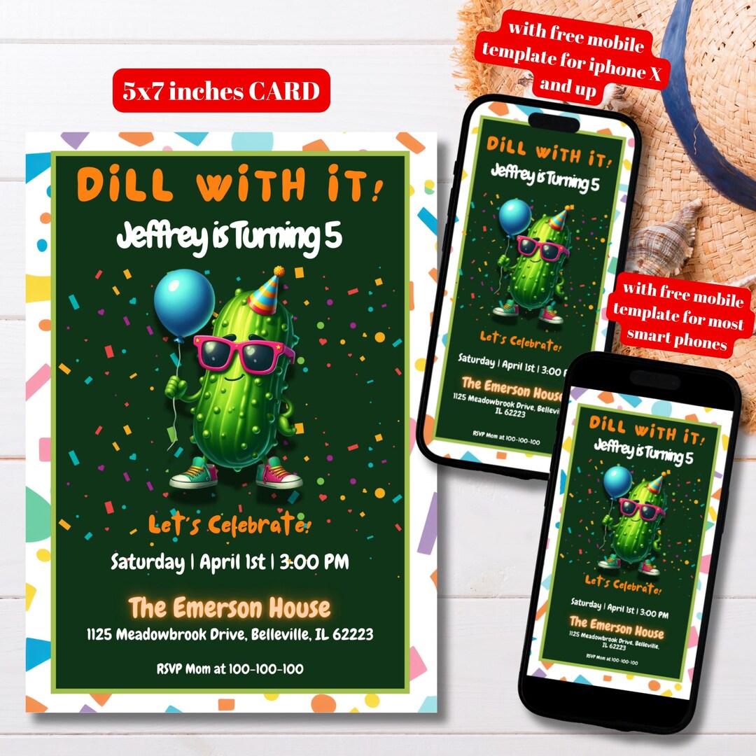 Editable Dill With It Pickle Birthday Party Invitation Template ...