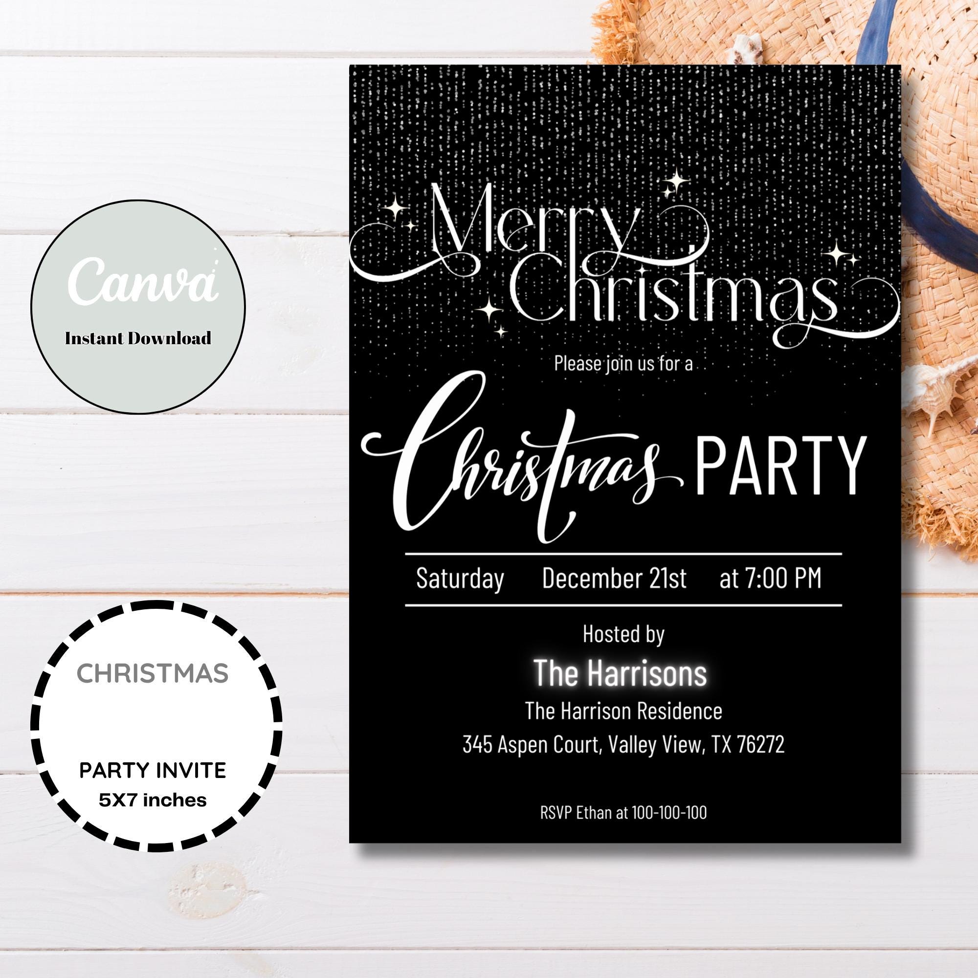 Editable Black White Glitter Christmas Party Invitation Template ...
