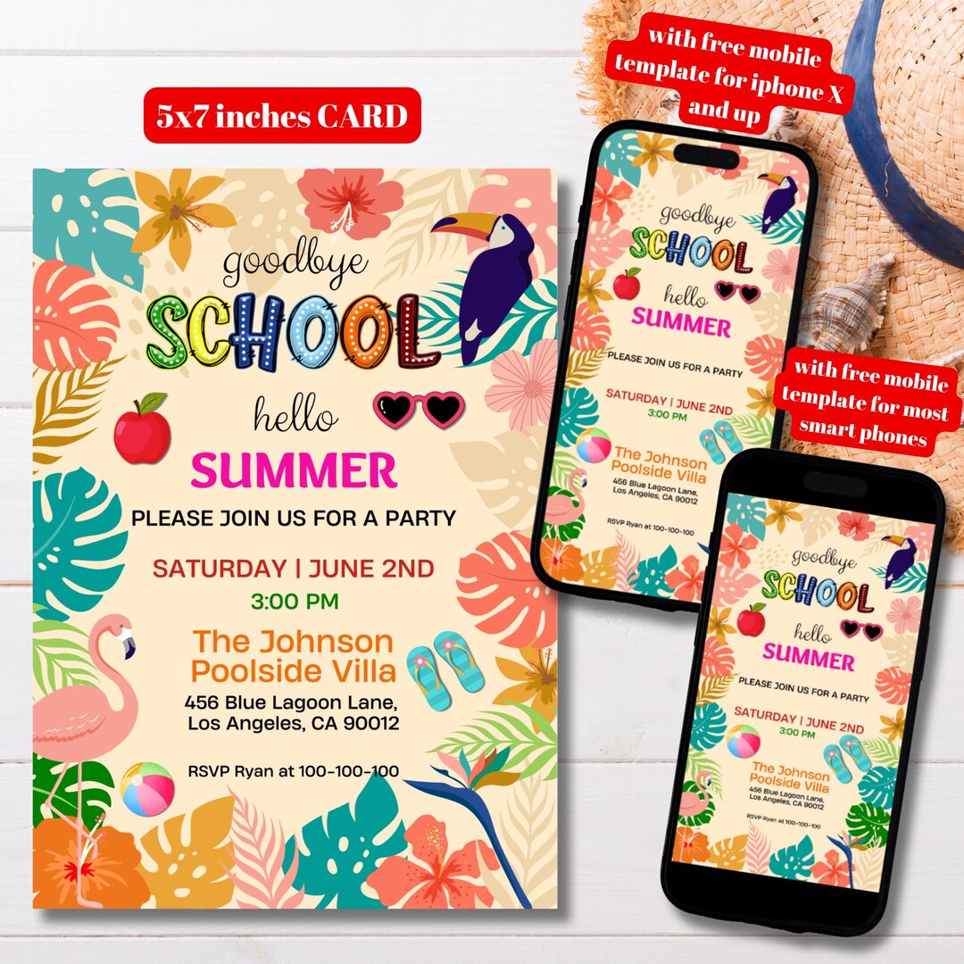 Editable Goodbye School Hello Summer Party Invitation Template ...