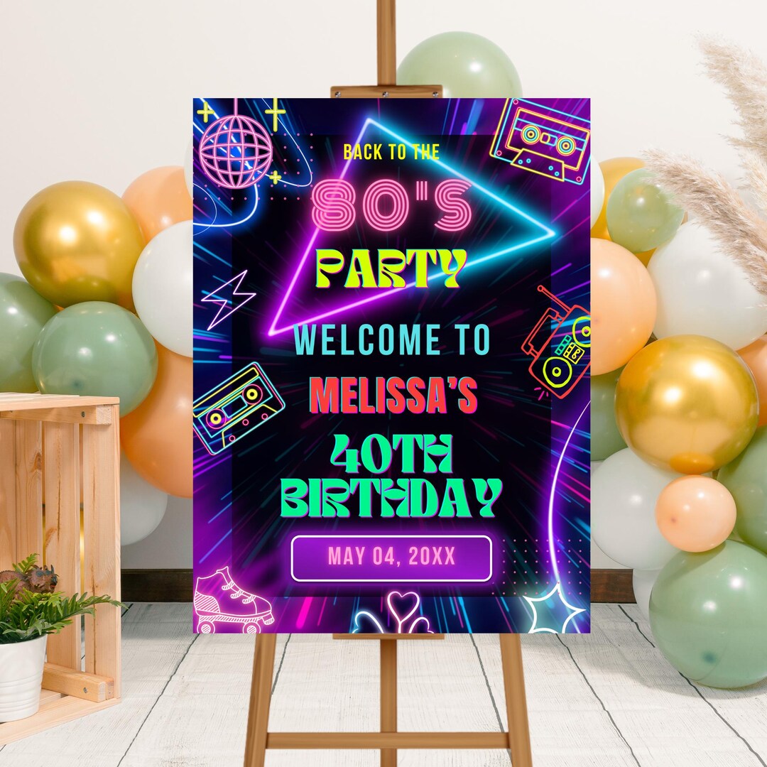 Editable Neon Glow Back to the 80s Birthday Party Welcome Sign Template ...