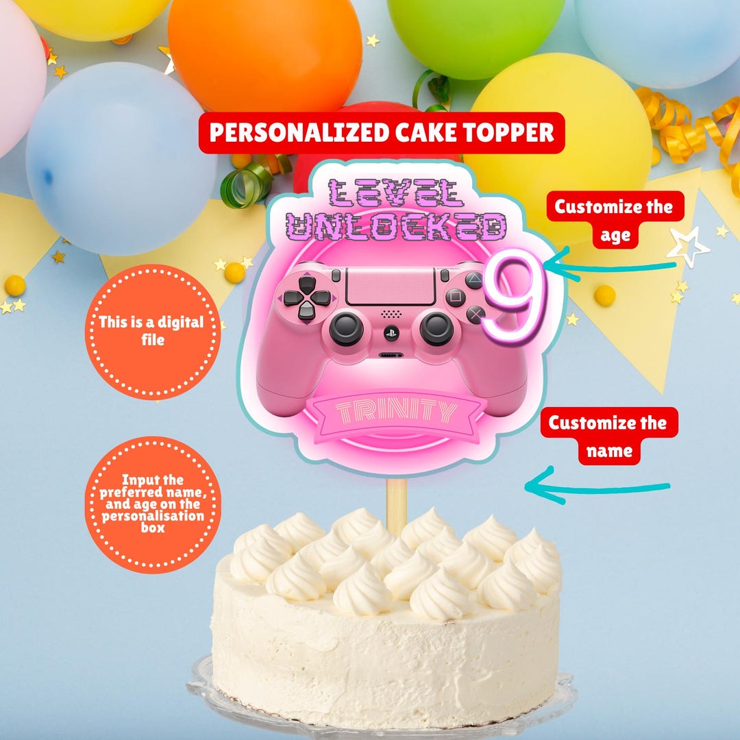 Personalized Pink Video Game Birthday Cake Topper, Custom Video Game ...