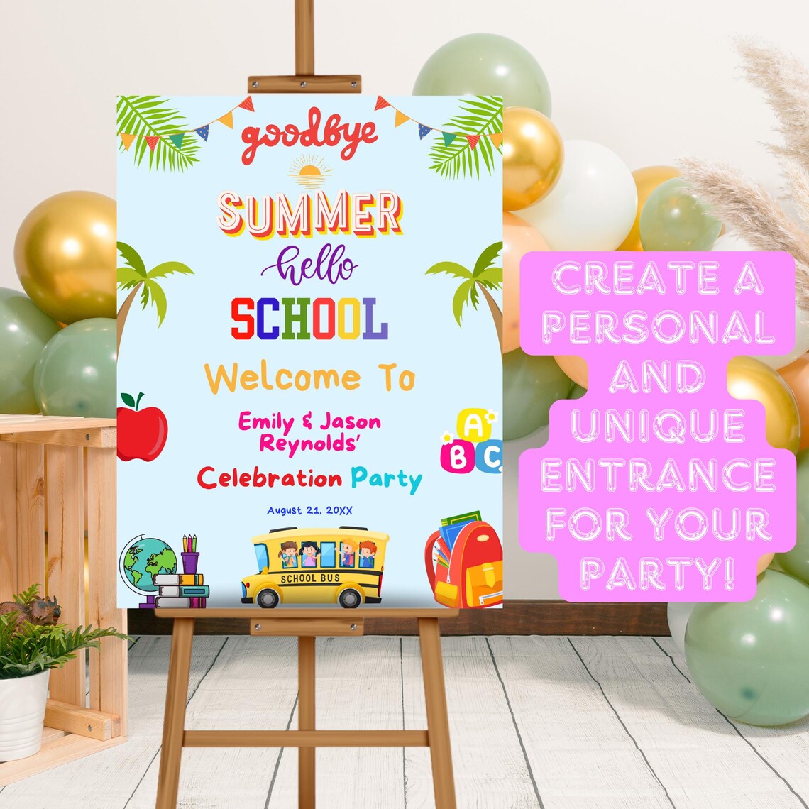 Editable Goodbye Summer Hello School Back to School Party Welcome Sign ...