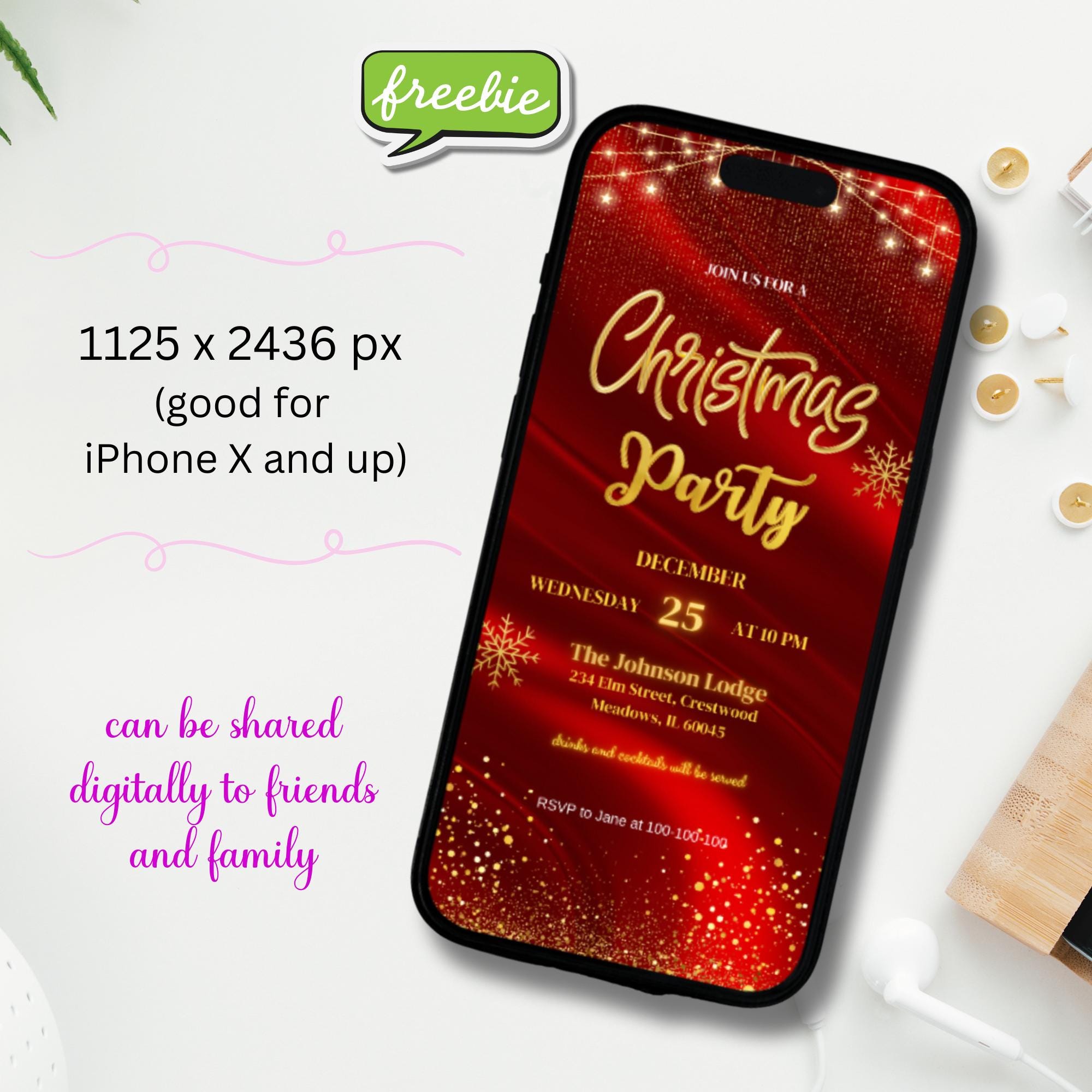Editable Red and Gold Christmas Party Invitation Template, Elegant Red ...