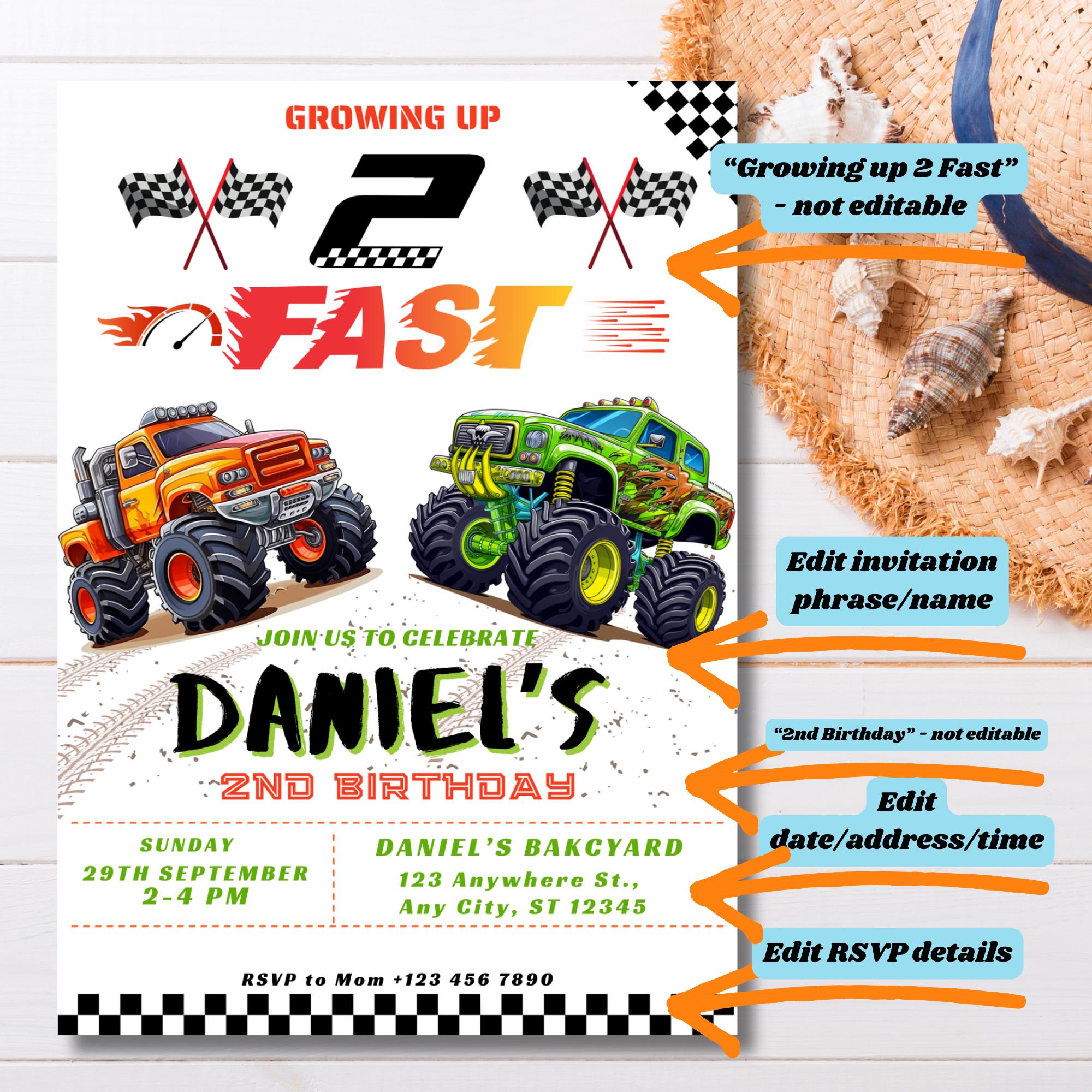 Editable 2 Fast Monster Truck Birthday Invitation, 2 Fast Monster Truck ...
