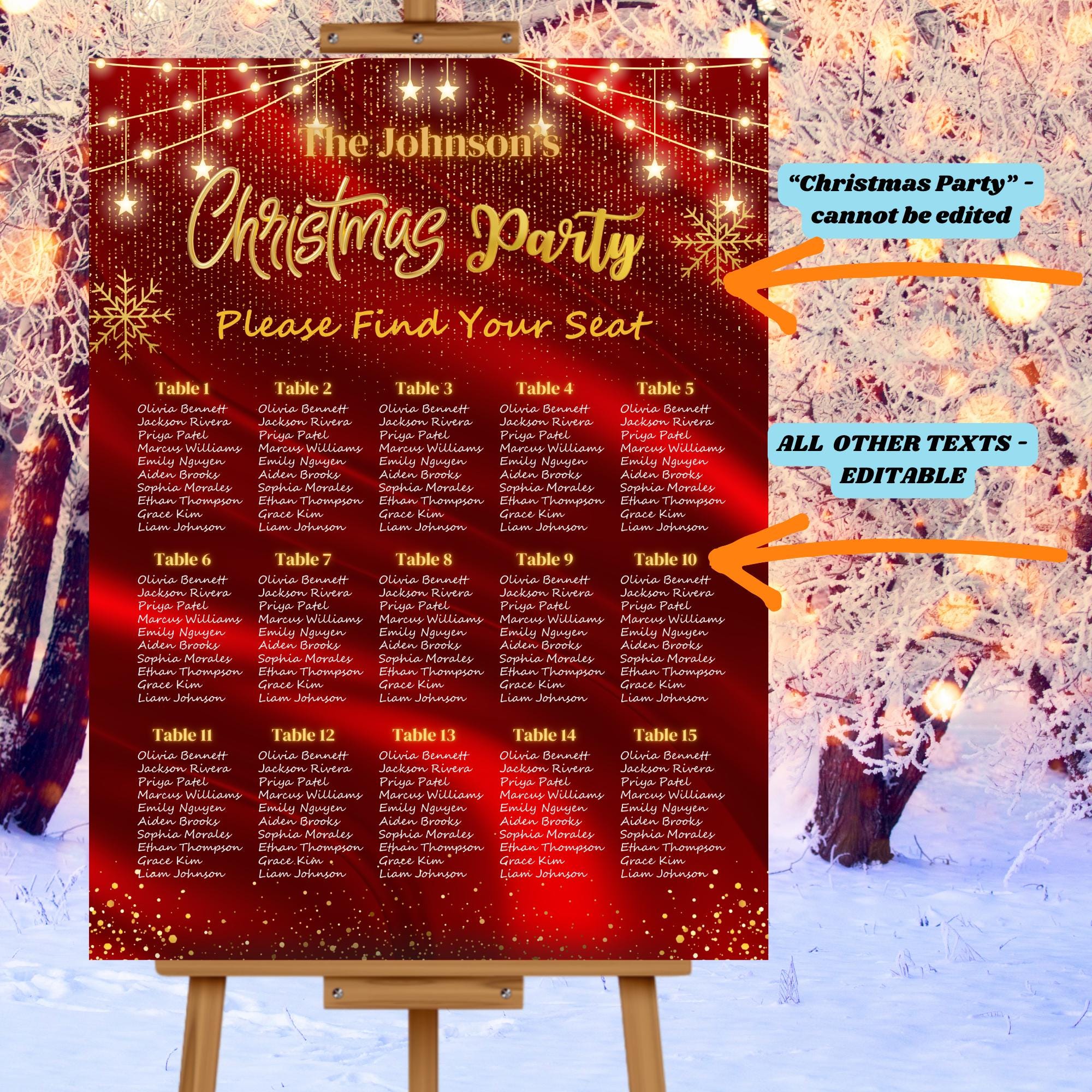 Editable Red and Gold Christmas Party Seating Chart Template, Elegant ...