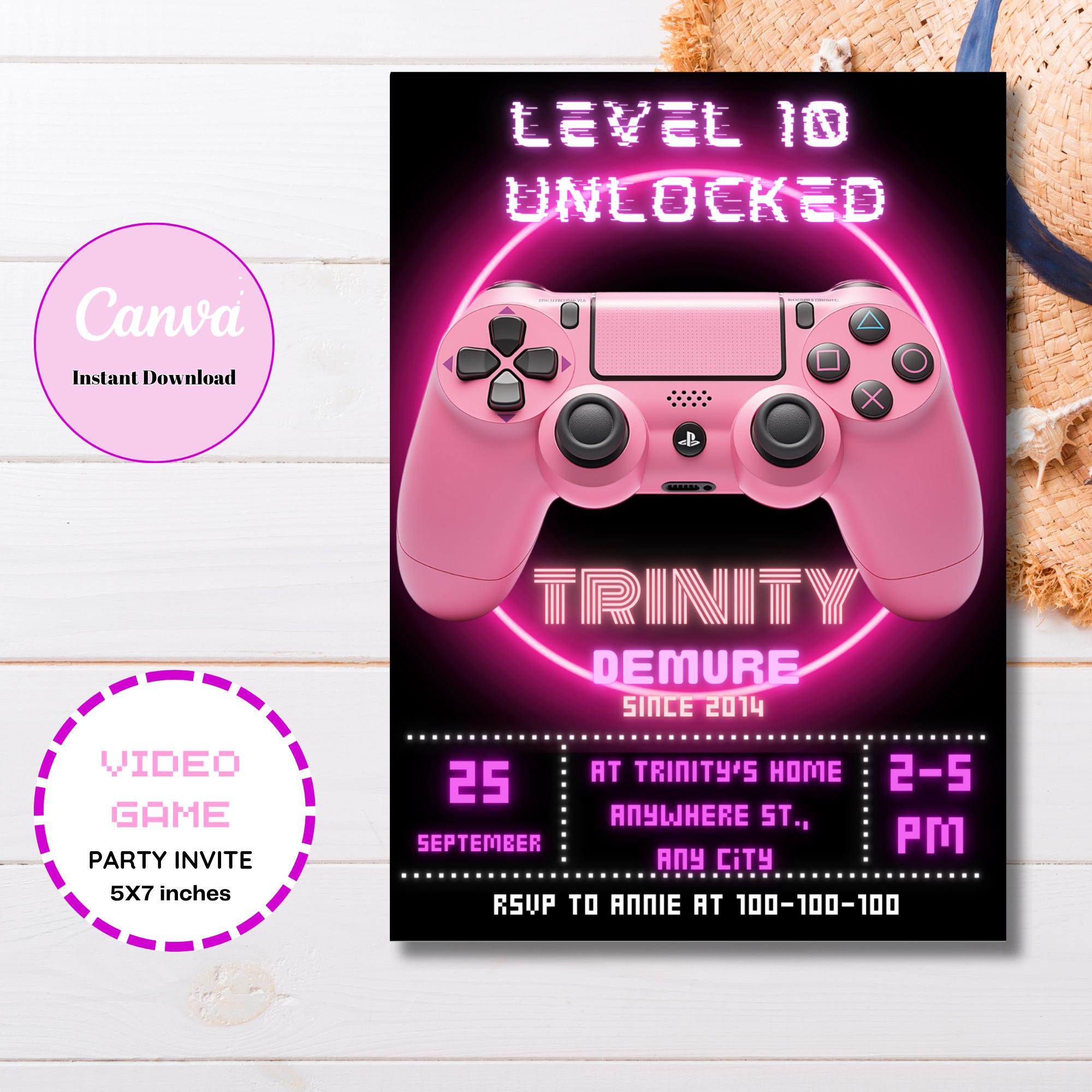 Editable Pink Video Game Birthday Invitation Template, Printable Video ...