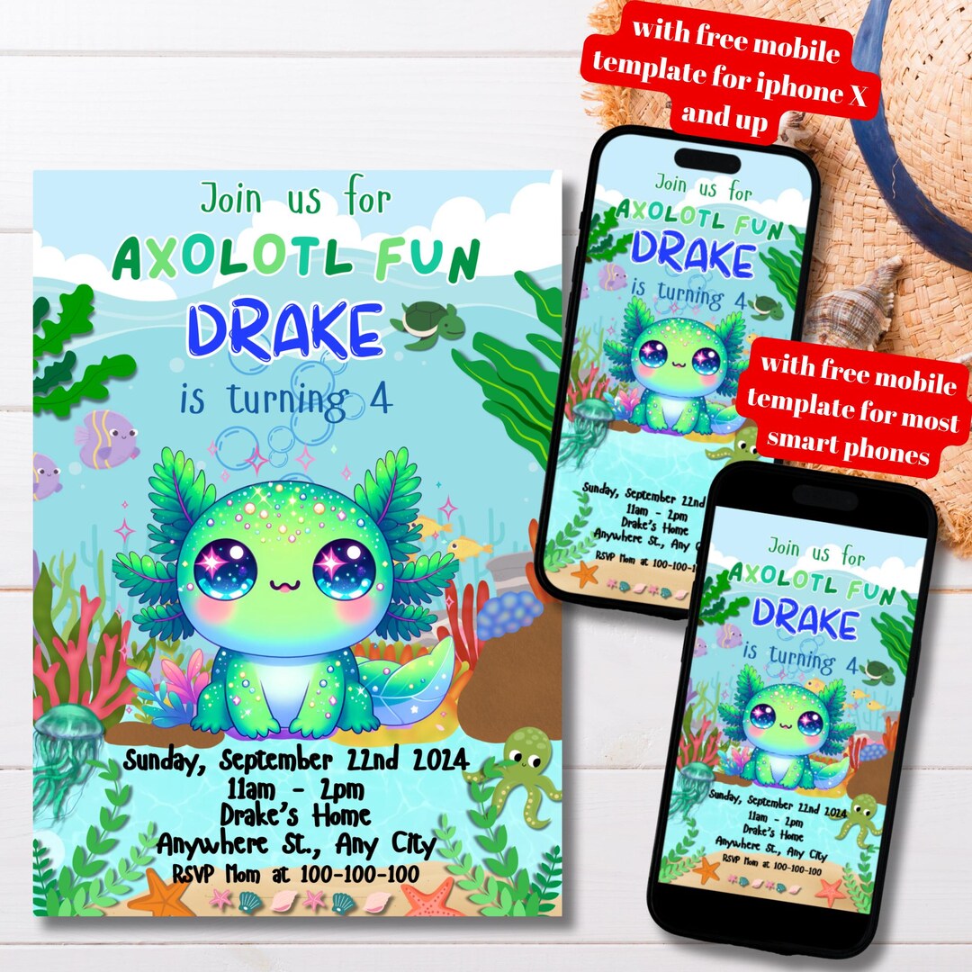 Editable Axolotl Birthday Party Invitation Template for Boys, Printable ...