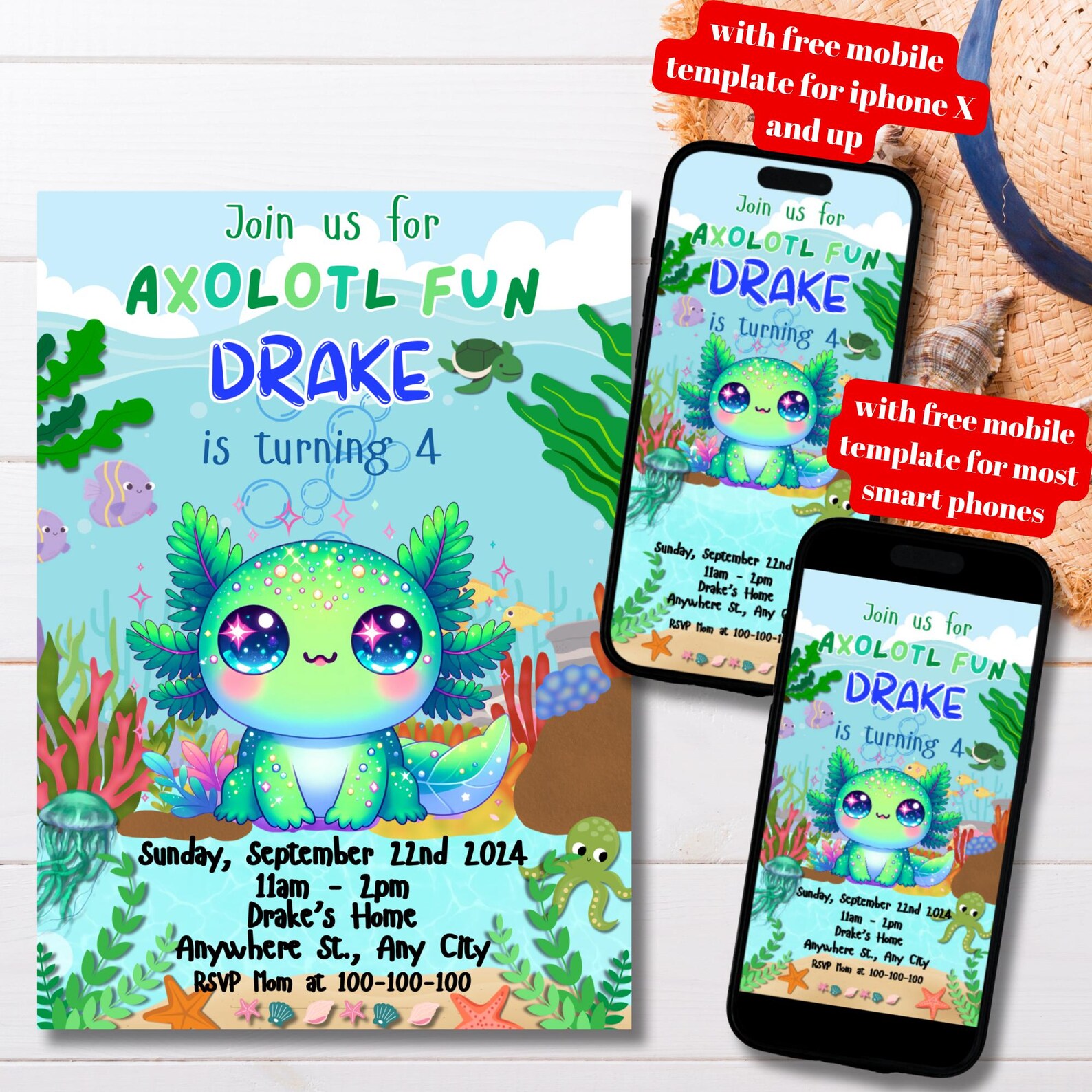 Editable Axolotl Birthday Party Invitation Template for Boys, Printable ...